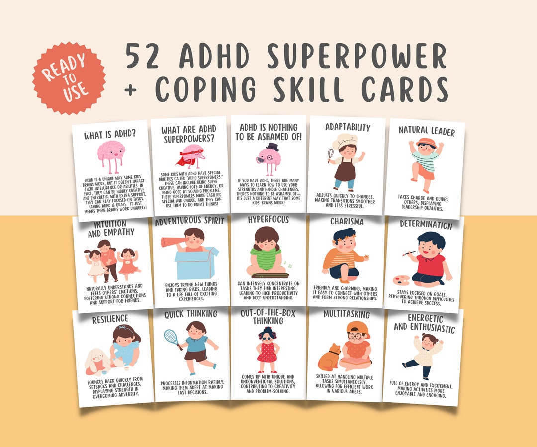 52 ADHD Superpower Strength & Coping Skill Cards, Executive Functioning ...