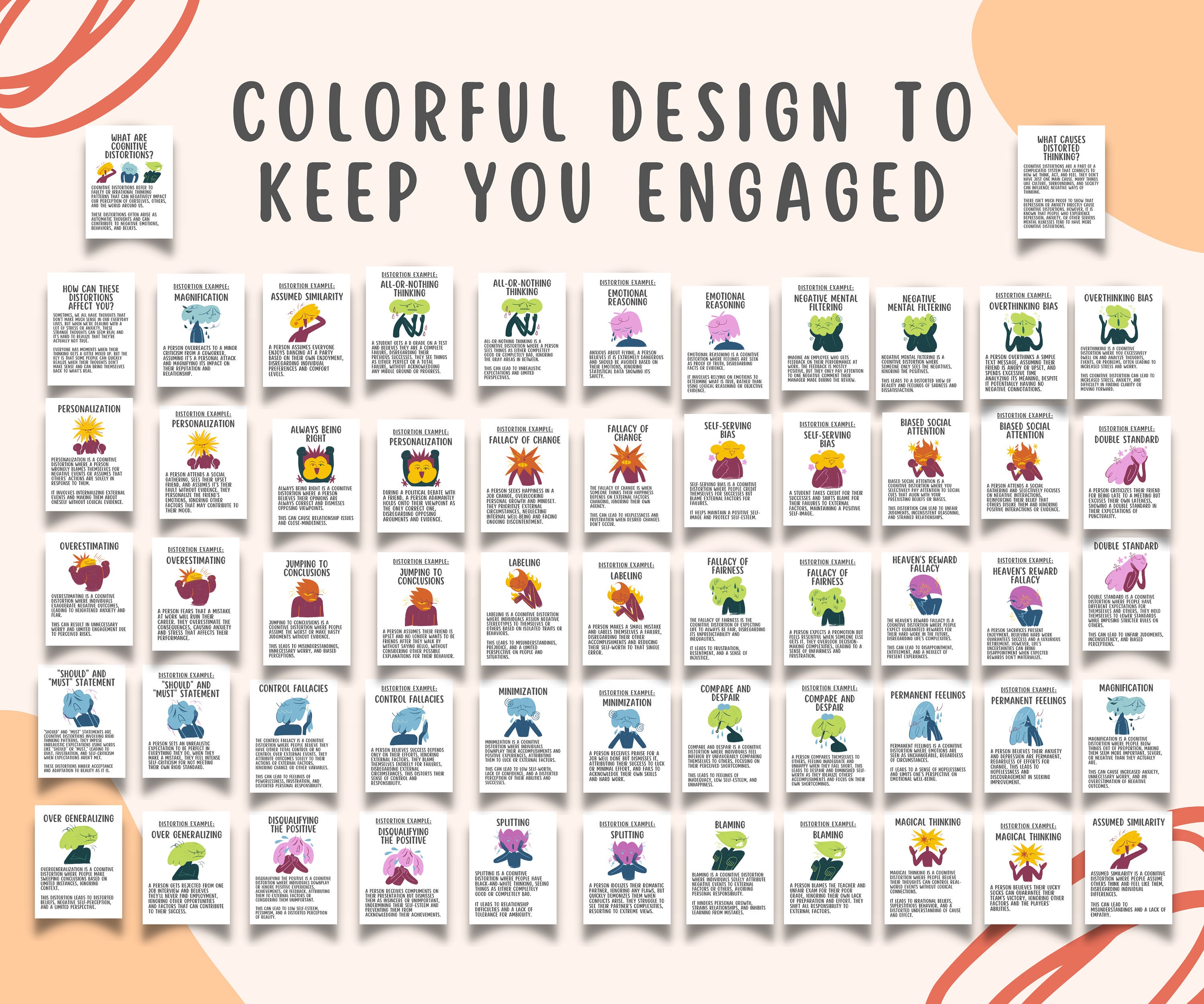 57 Cognitive Distortion Cards, DBT Coping Skill Cards, Unhelpful Ways ...