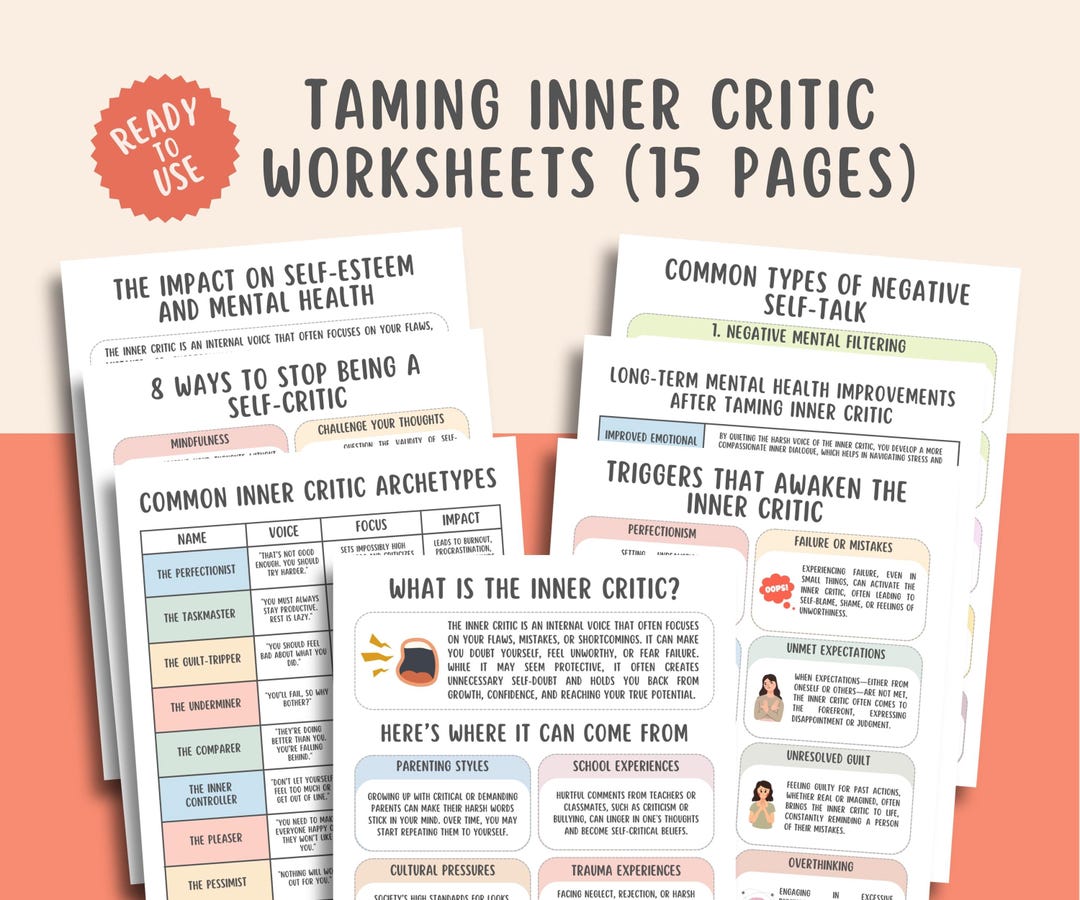 Taming Inner Critic Worksheets (15 Pages), Coping Skills, Self Healing, Silence Negative Thought ...