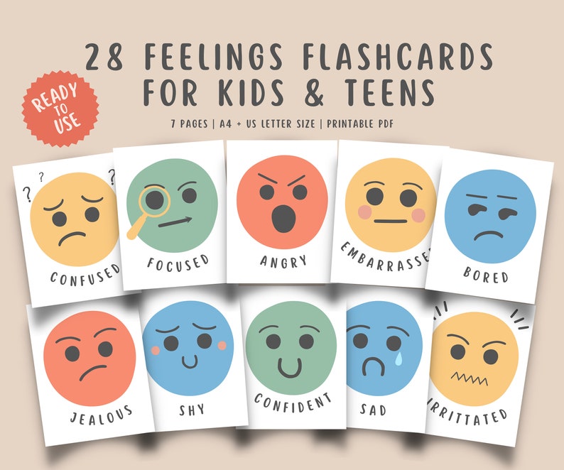 28 Feelings Flashcards for Kids Teens Emotions Cards Nursery - Etsy