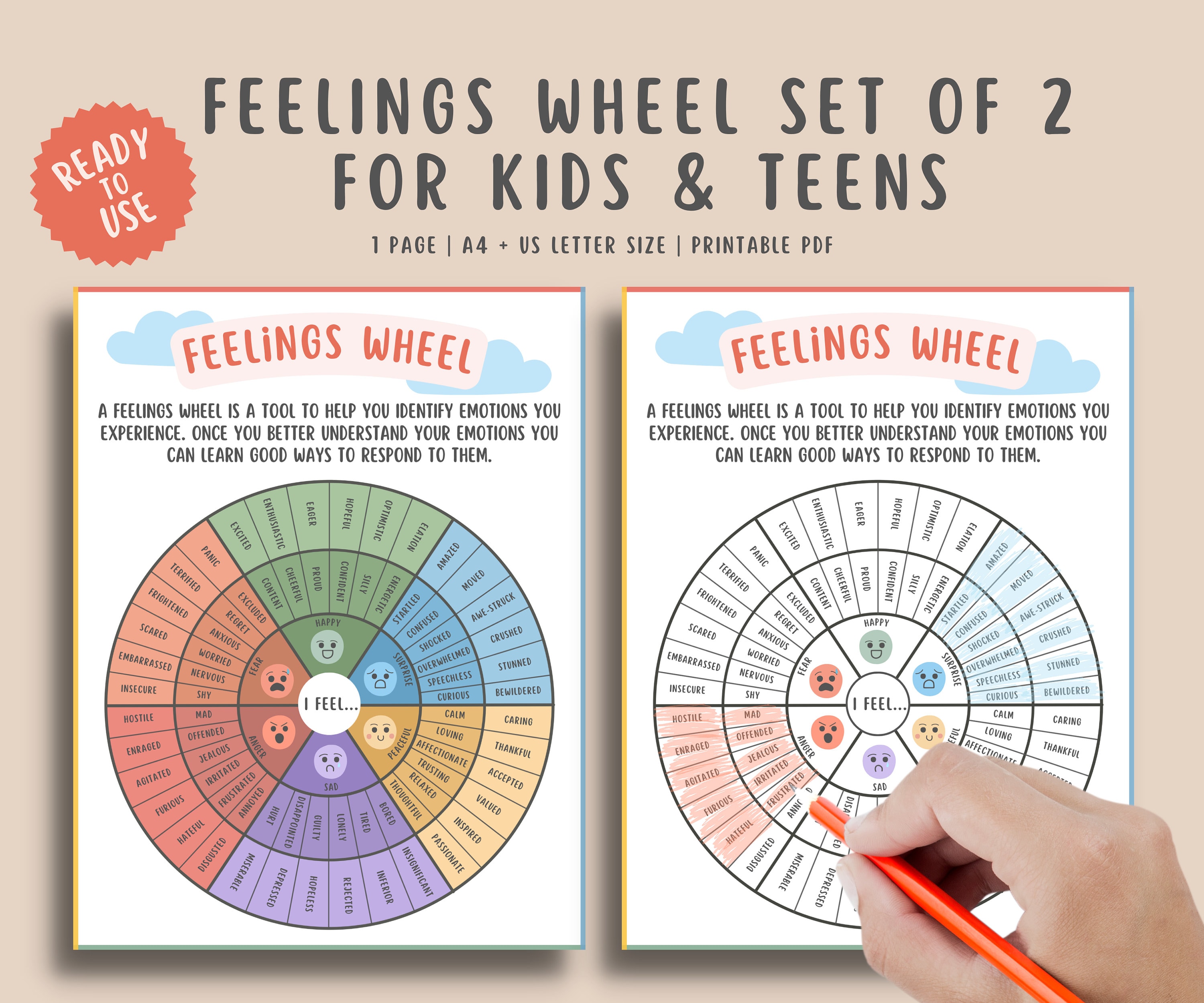 Feelings Wheel Printable Set of 2 for Kids Teens Coloring - Etsy UK