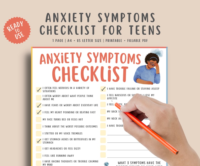 Anxiety Symptoms Checklist Worksheet for Kids Teens Children - Etsy