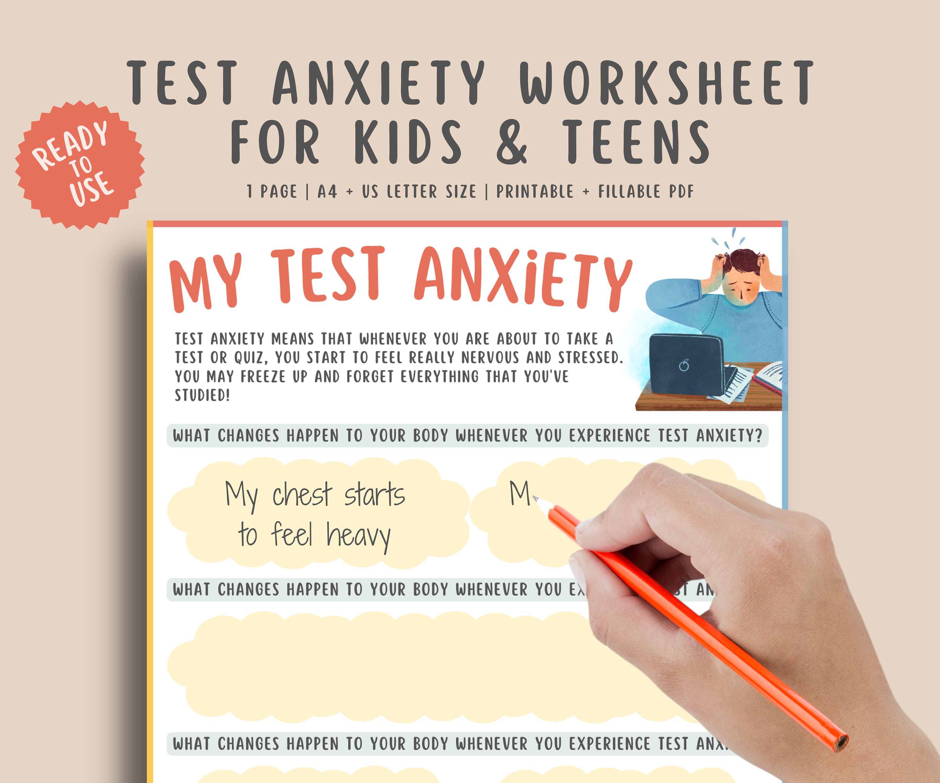 Test Anxiety Worksheet for Kids and Teens, Help Children With Worry ...