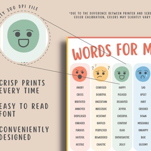 Words for My Feelings Poster Handout, Emotion Chart Kids Teens, Calming ...