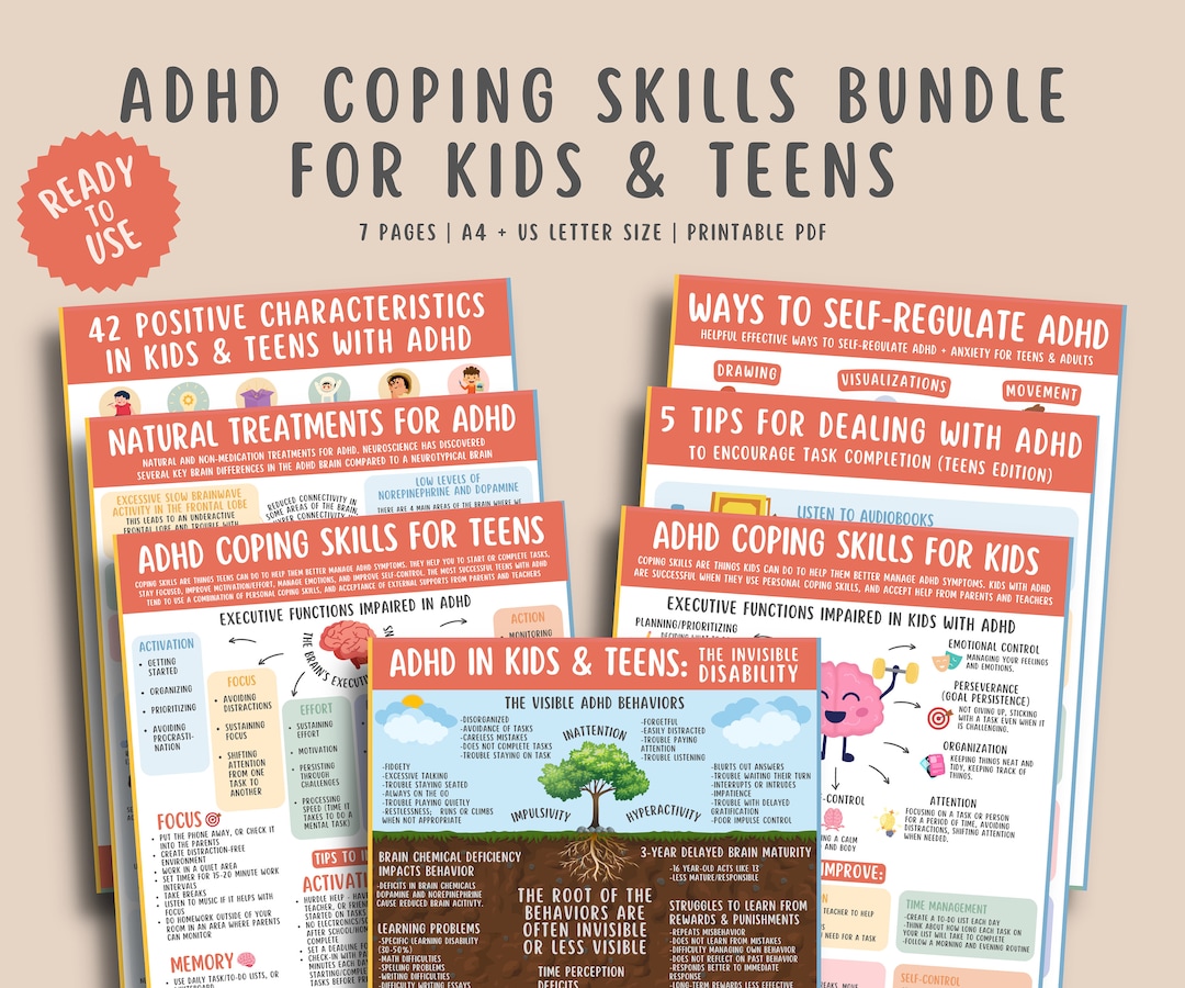 ADHD Coping Skills Bundle for Kids Teens (7 Pages Set) Mental Health ...
