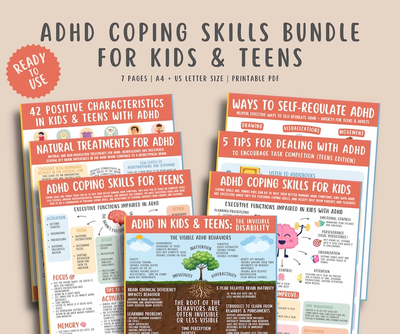 ADHD Coping Skills Bundle for Kids Teens 7 Pages Set Mental - Etsy