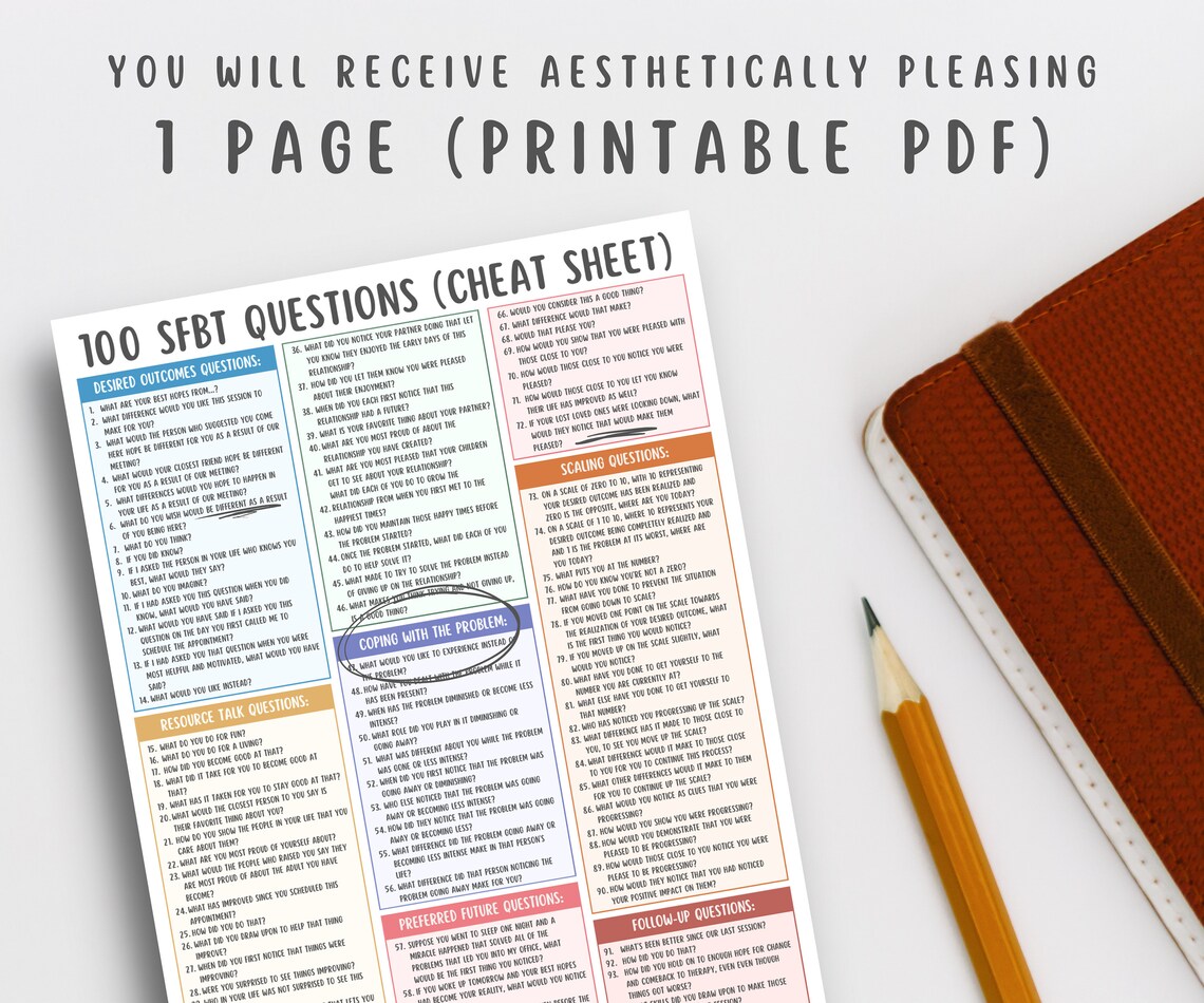 100 SFBT Questions Cheat Sheet, Solution Focused Brief Therapy , SFBT ...