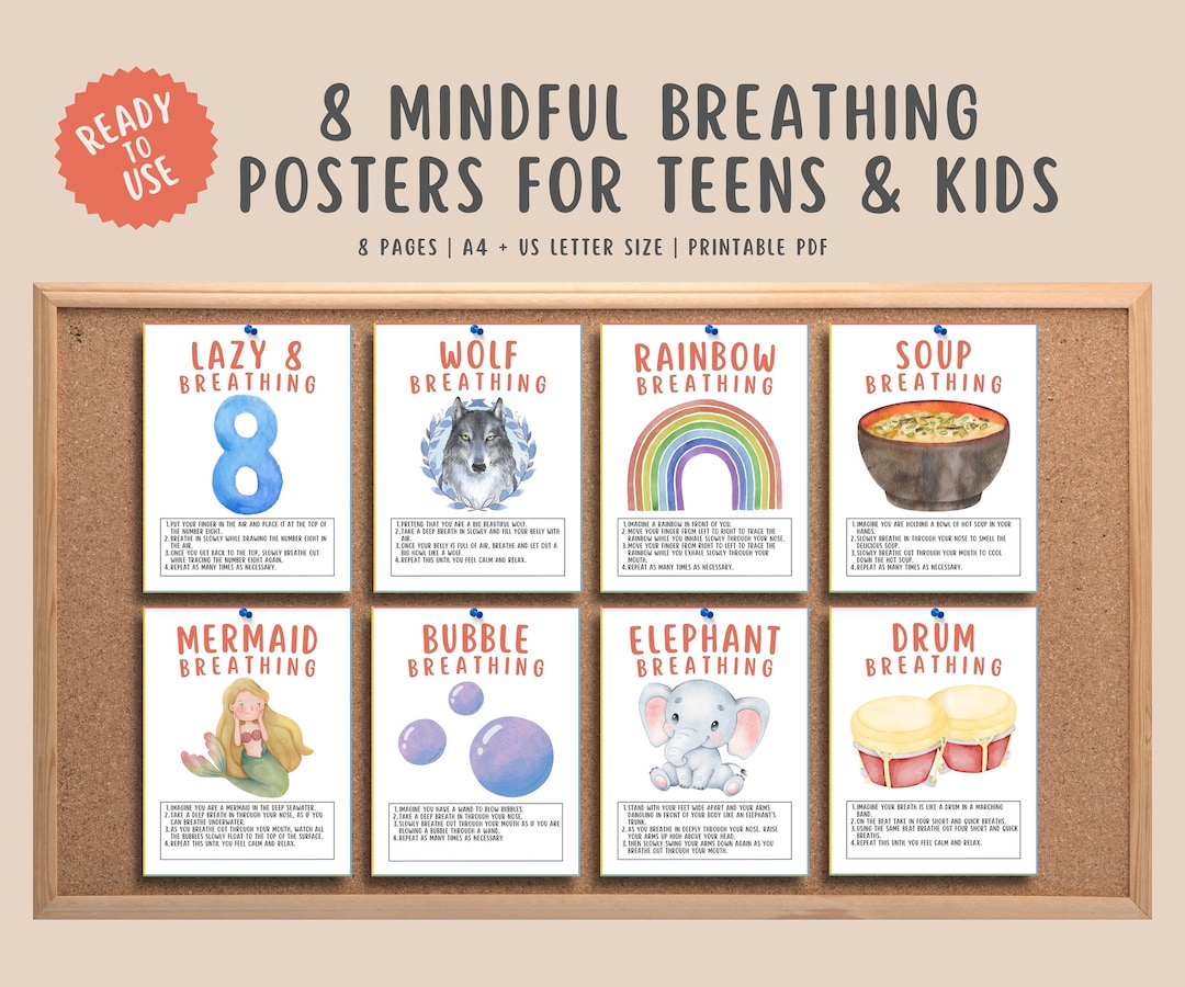 8 Scripted Mindful Breathing Posters Bundle for Kids Teens, Calm Down ...