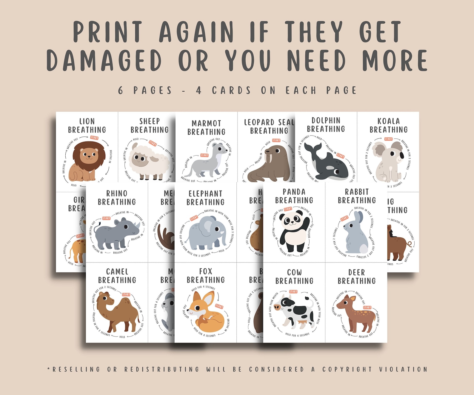 24 Mindful Animal Breathing Cards, Anxiety Coping Calming Corner Tools ...