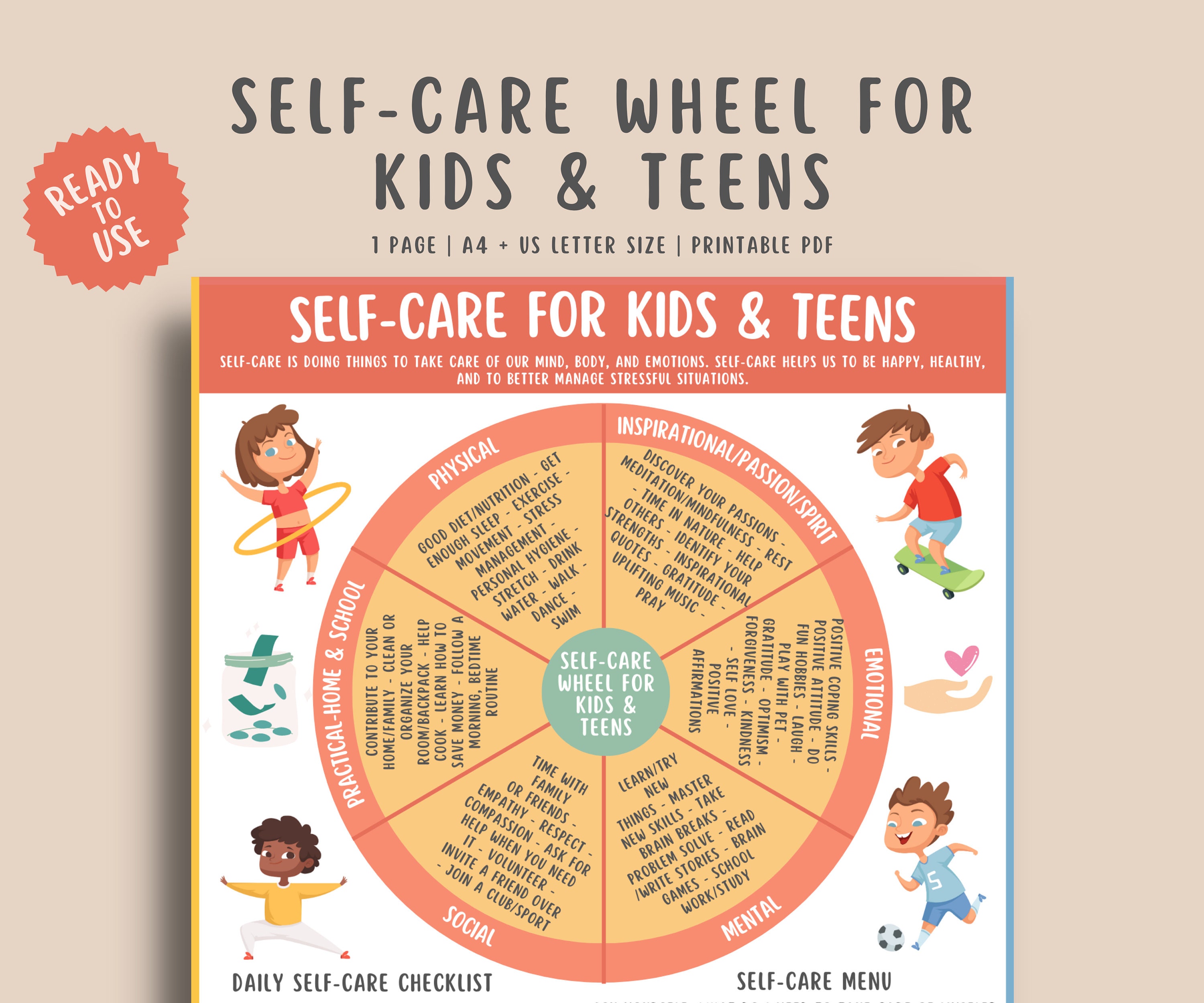 Self-care Wheel Printable for Kids & Teens, Child Therapist School ...