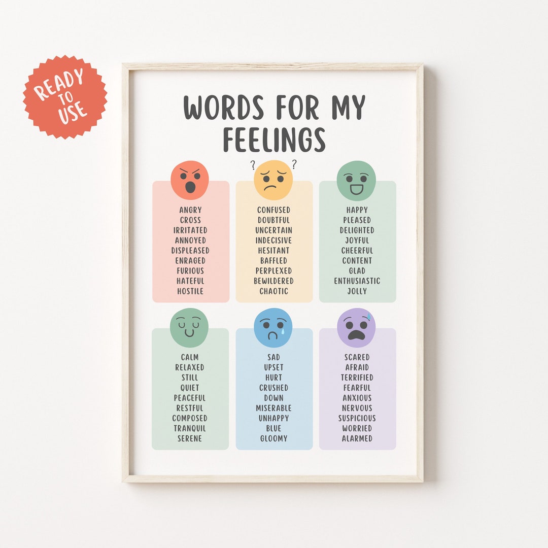 54 Words for My Feelings Poster Handout, Emotion Chart Kids Teens ...