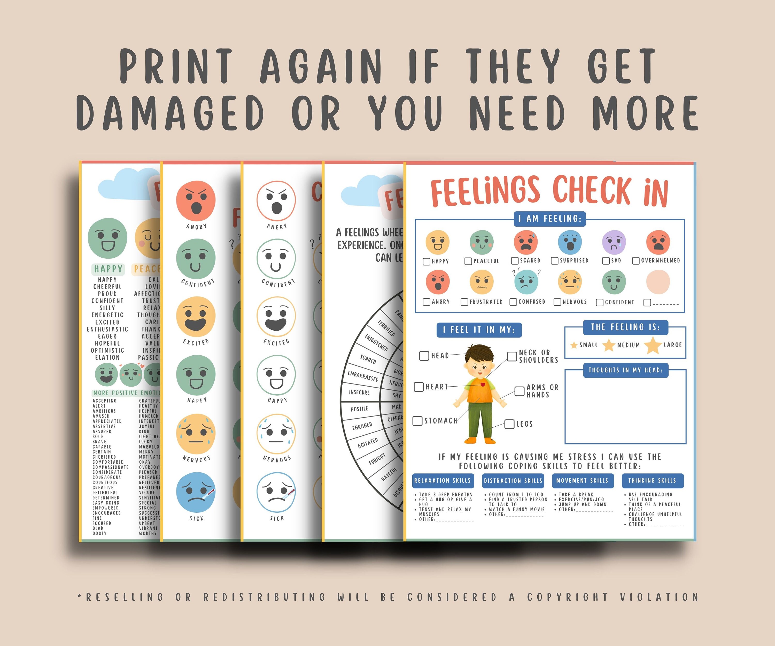 5 Feelings Check-in Worksheets, Feelings List Emotions Wheel, SEL Child ...