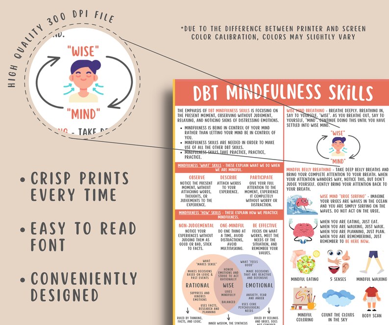 DBT Mindfulness Coping Skills Handout Teens Kids Adults, Dialectical ...