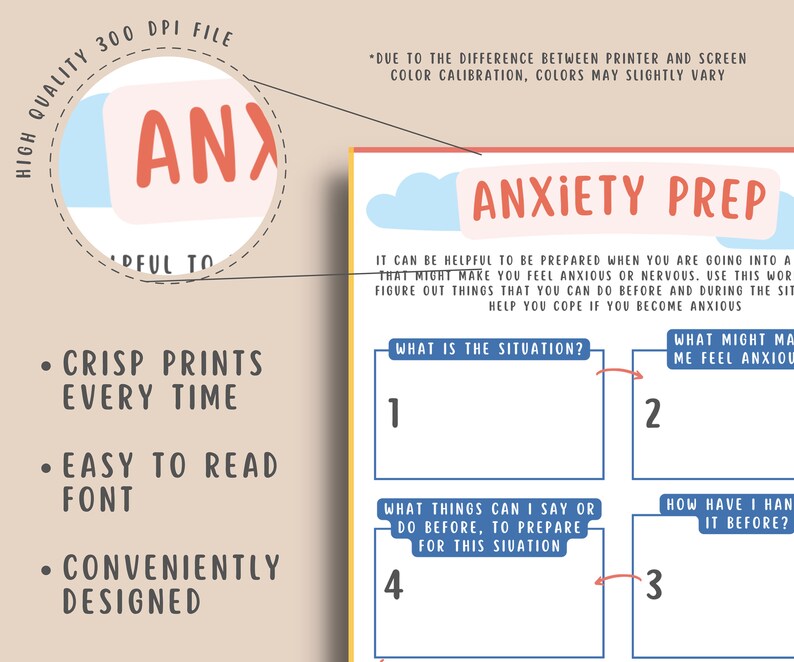 Anxiety Preparation Worksheet for Kids & Teens, Colorful Anxiety ...