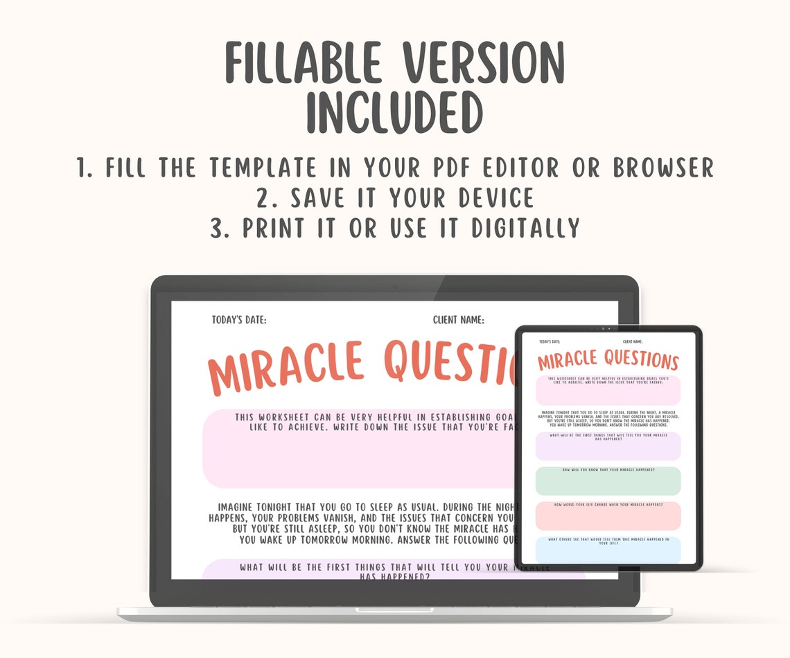 Miracle Questions Worksheet, SFBT Worksheets, Solution Focused Therapy ...