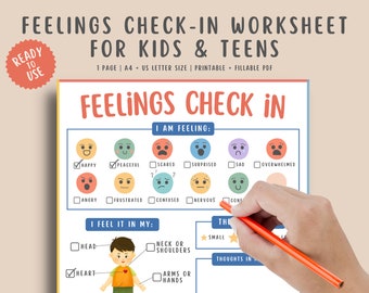 Feelings Check-in Worksheet for Kids, Emotions Journal, Child Therapy ...