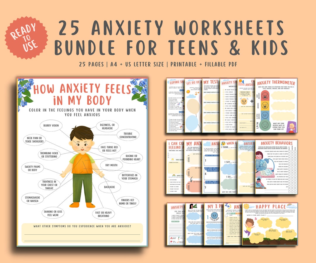 25 Anxiety Worksheets Bundle for Kids & Teens, Mental Health Counseling ...