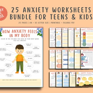 25 Anxiety Worksheets Bundle for Kids & Teens, Mental Health Counseling ...
