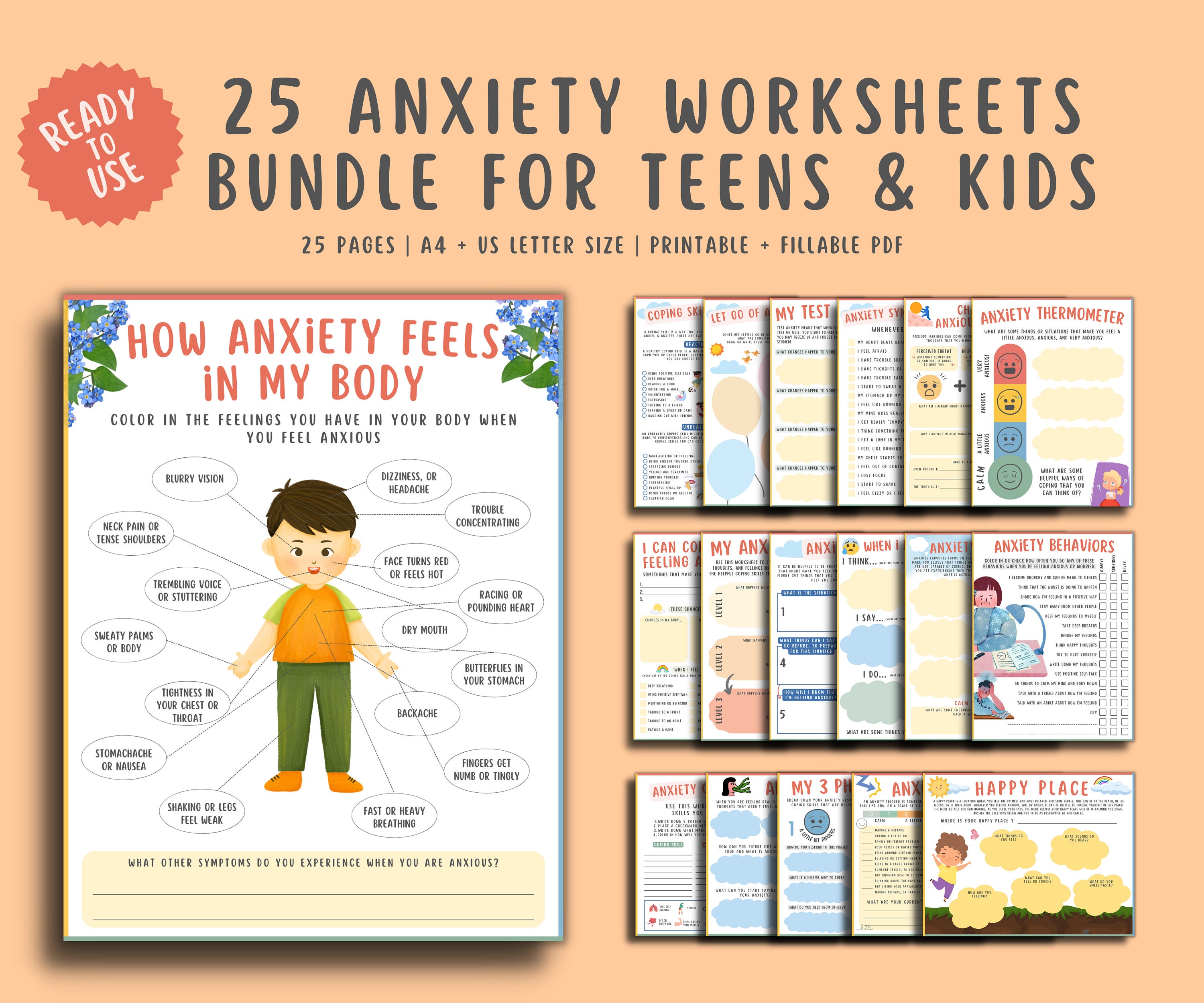 25 Anxiety Worksheets Bundle for Kids & Teens, Mental Health Counseling ...