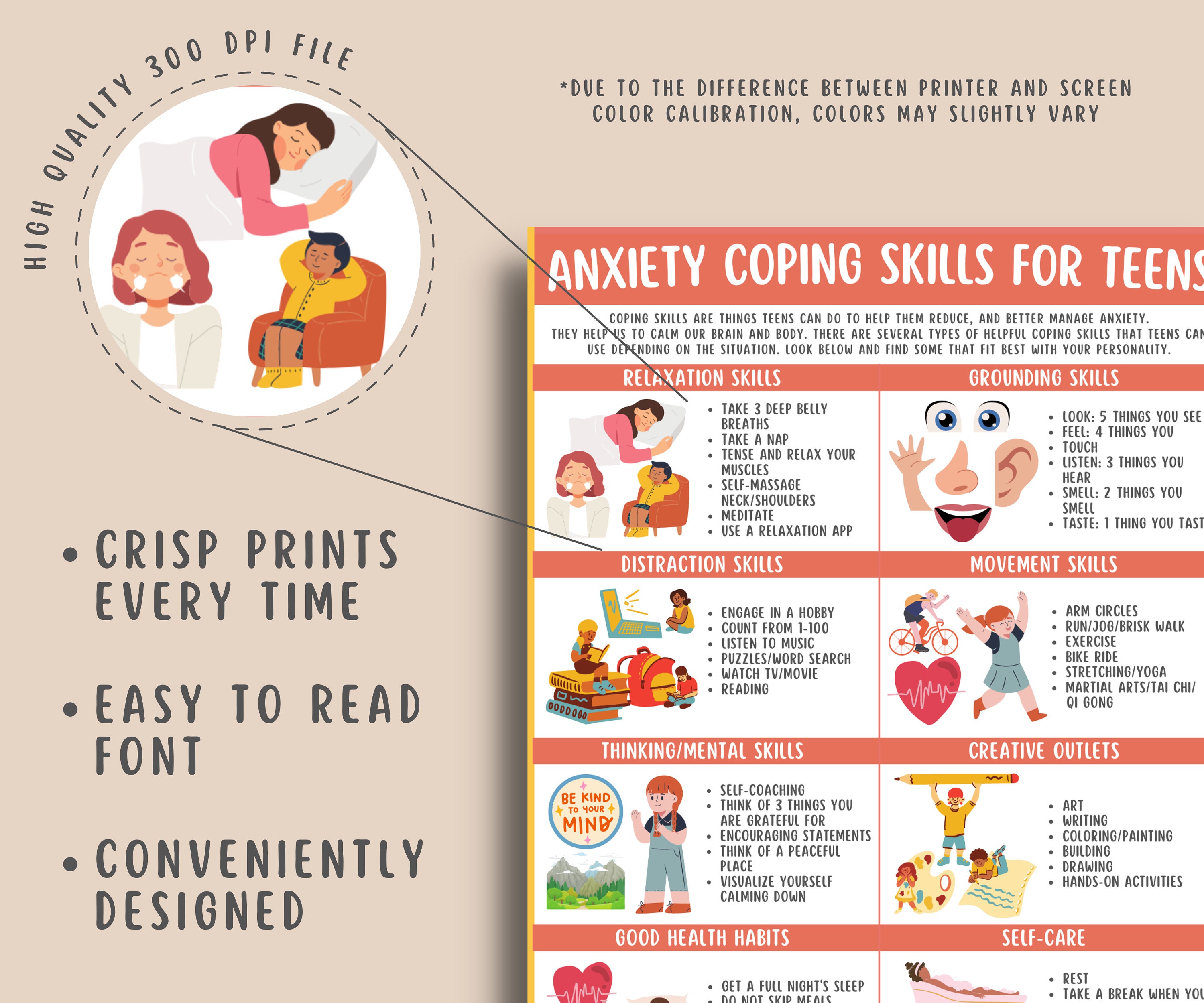 Anxiety Coping Skills Print for Teens, Stress Relief Mental Health ...