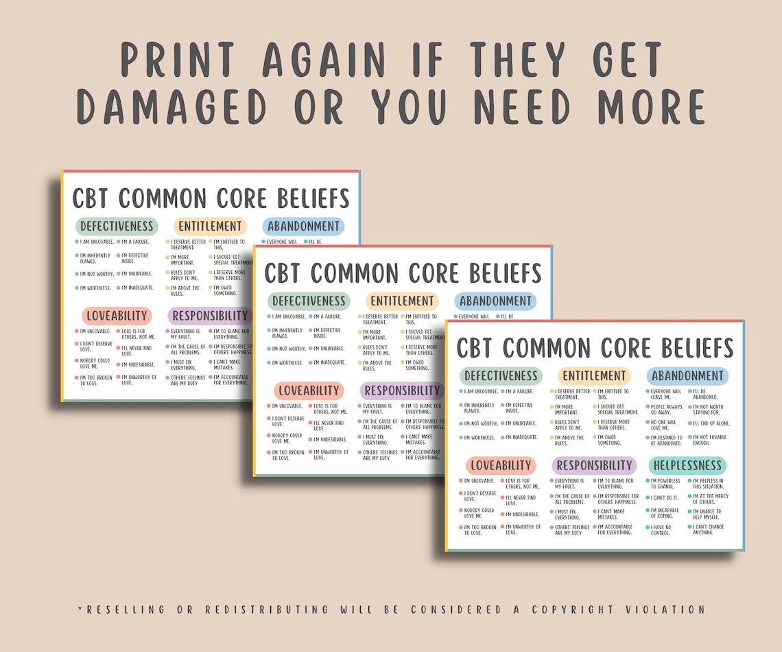 48 CBT Common Core Beliefs Print, Cognitive Behavioral Therapy, Thinking Traps, Maladaptive ...
