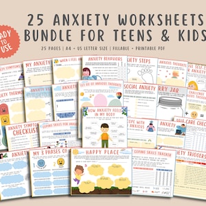 25 Anxiety Worksheets Bundle for Kids & Teens, Mental Health Counseling ...