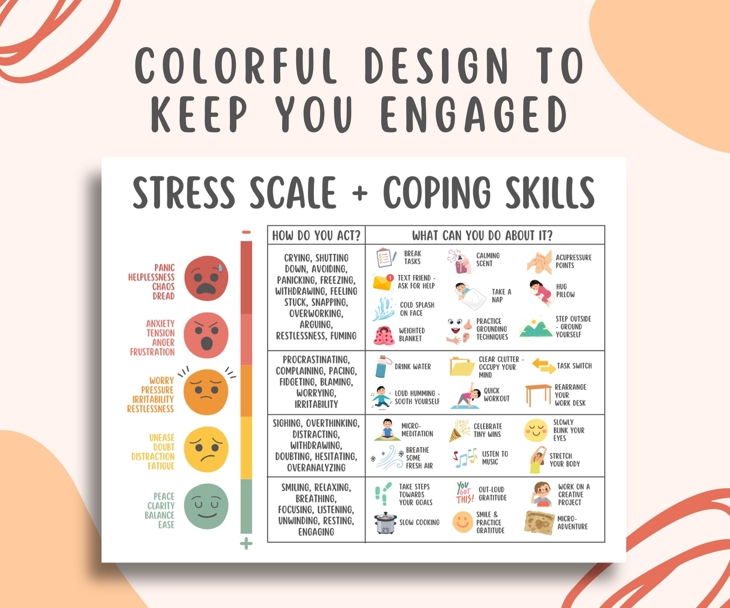 Stress Scale + Coping Skills Handout, Anxiety Relief Worksheet, Therapy ...