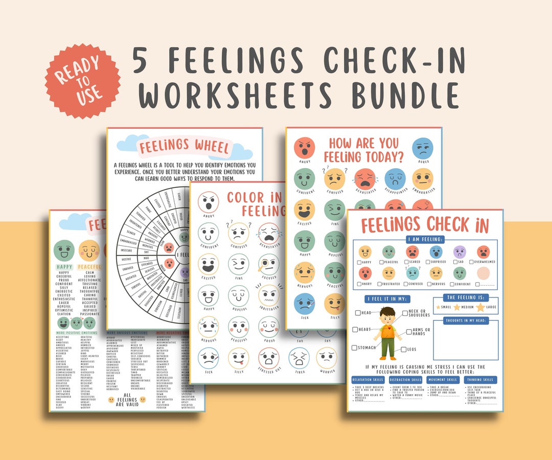5 Feelings Check-in Worksheets, Feelings List Emotions Wheel, SEL Child ...
