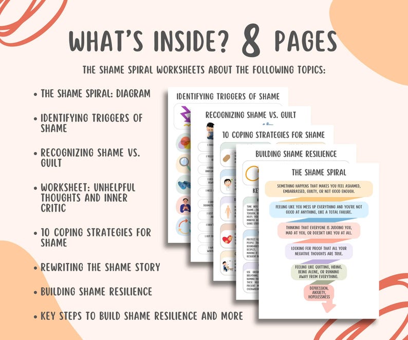 Shame Spiral Worksheet, Coping Skills PDF, Mental Health Workbook, Self ...