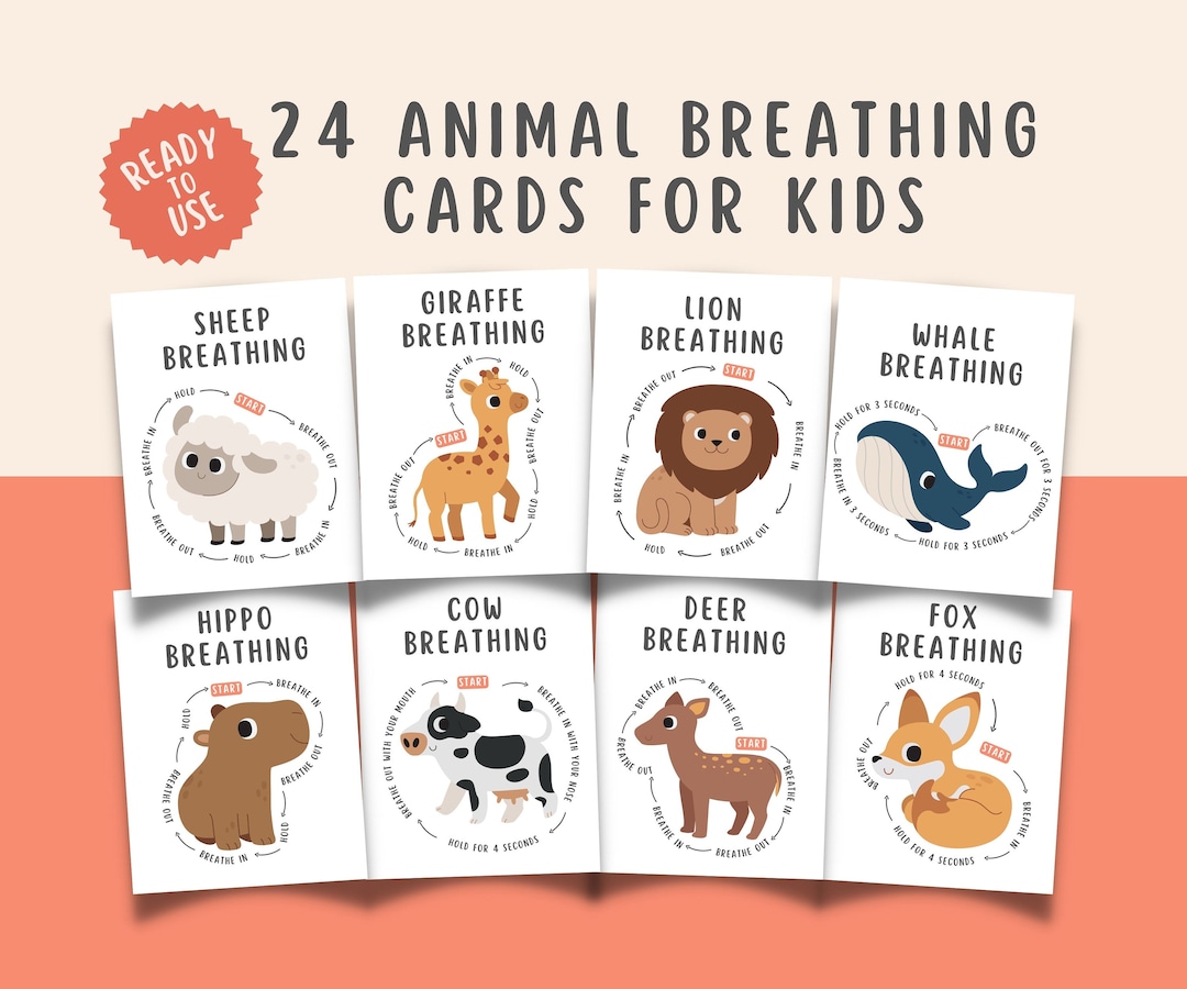 24 Mindful Animal Breathing Cards, Anxiety Coping Calming Corner Tools ...