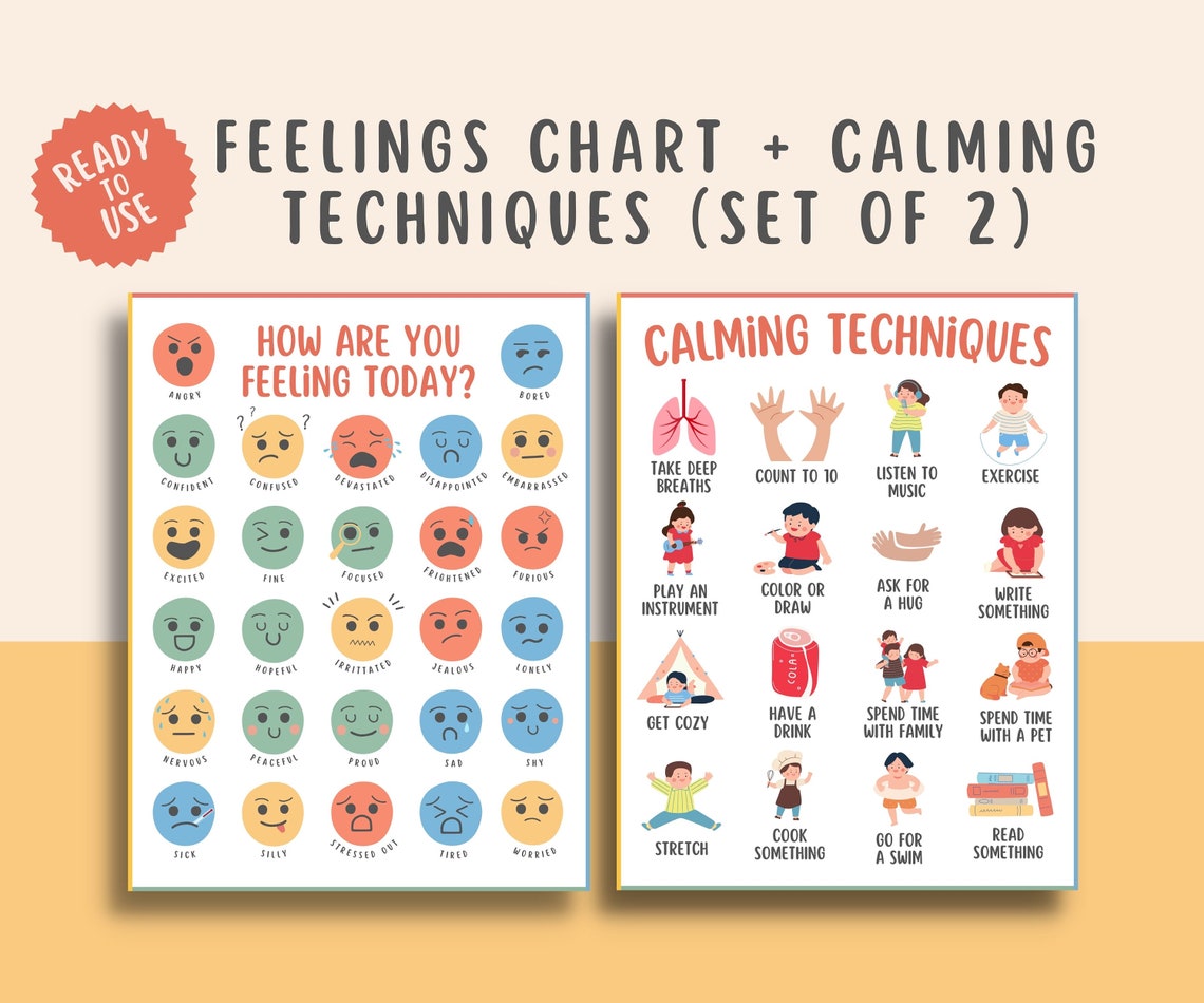 Feelings Chart With Calming Techniques Poster Set for Teens Kids set of ...