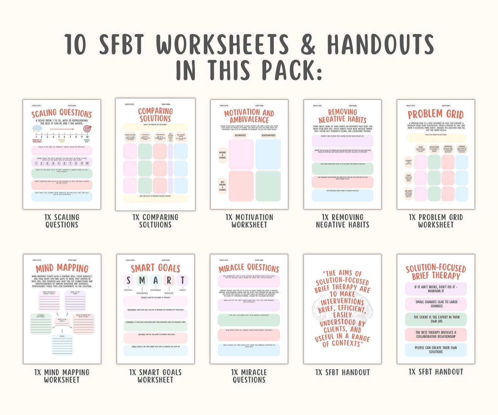 Solution Focused Therapy Worksheets, SFBT Worksheets, SFBT Questions ...