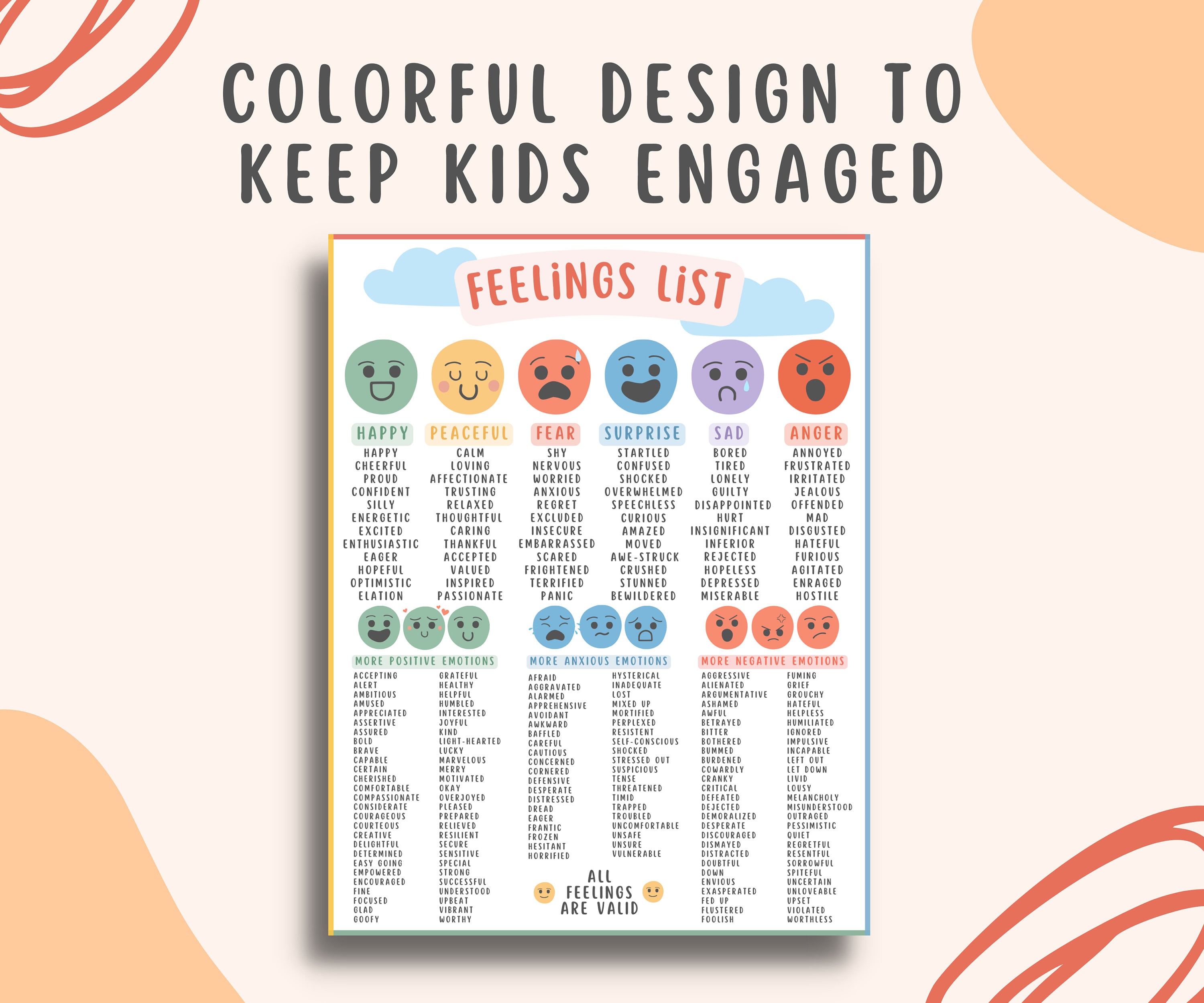 220 Feelings List for Kids & Teen Emotions Chart Social - Etsy Australia