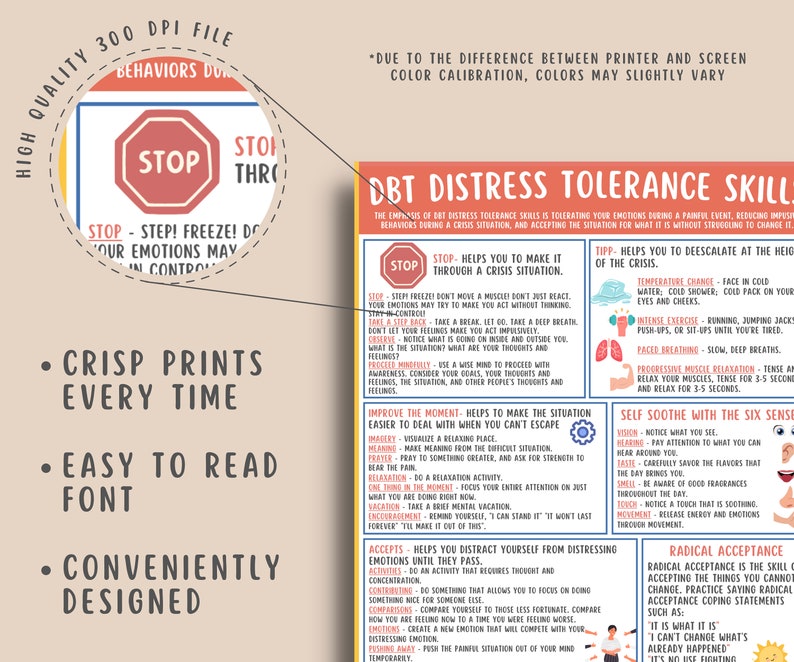 DBT Distress Tolerance Coping Skills Handout Teens Kids Adults ...