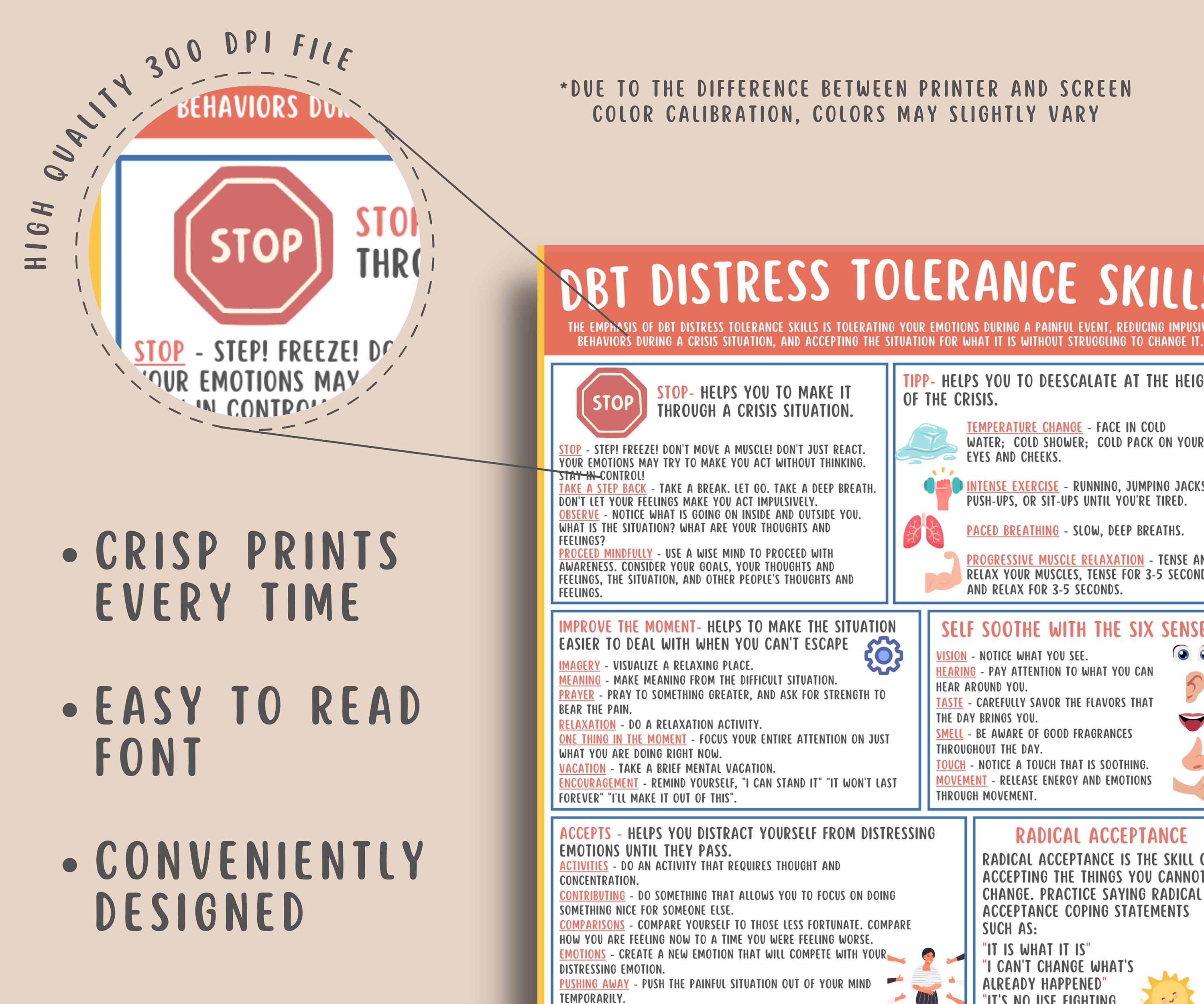 DBT Distress Tolerance Coping Skills Handout Teens Kids Adults ...