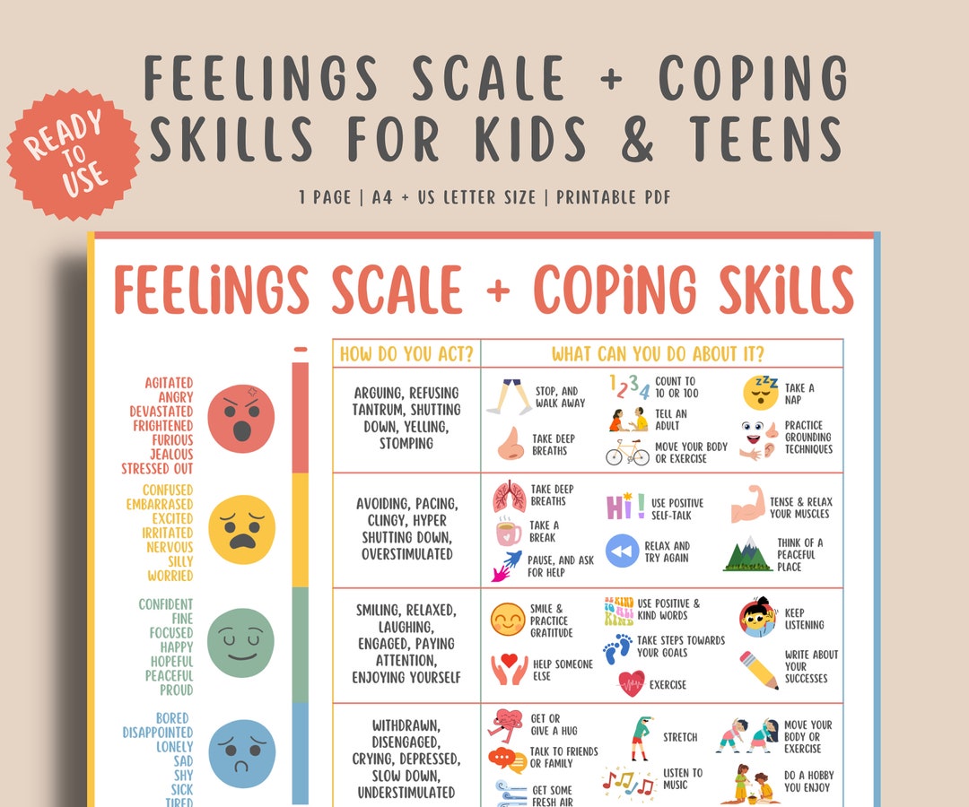 Feelings Coping Skills for Teens & Kids, Emotions Scale Chart, Children ...