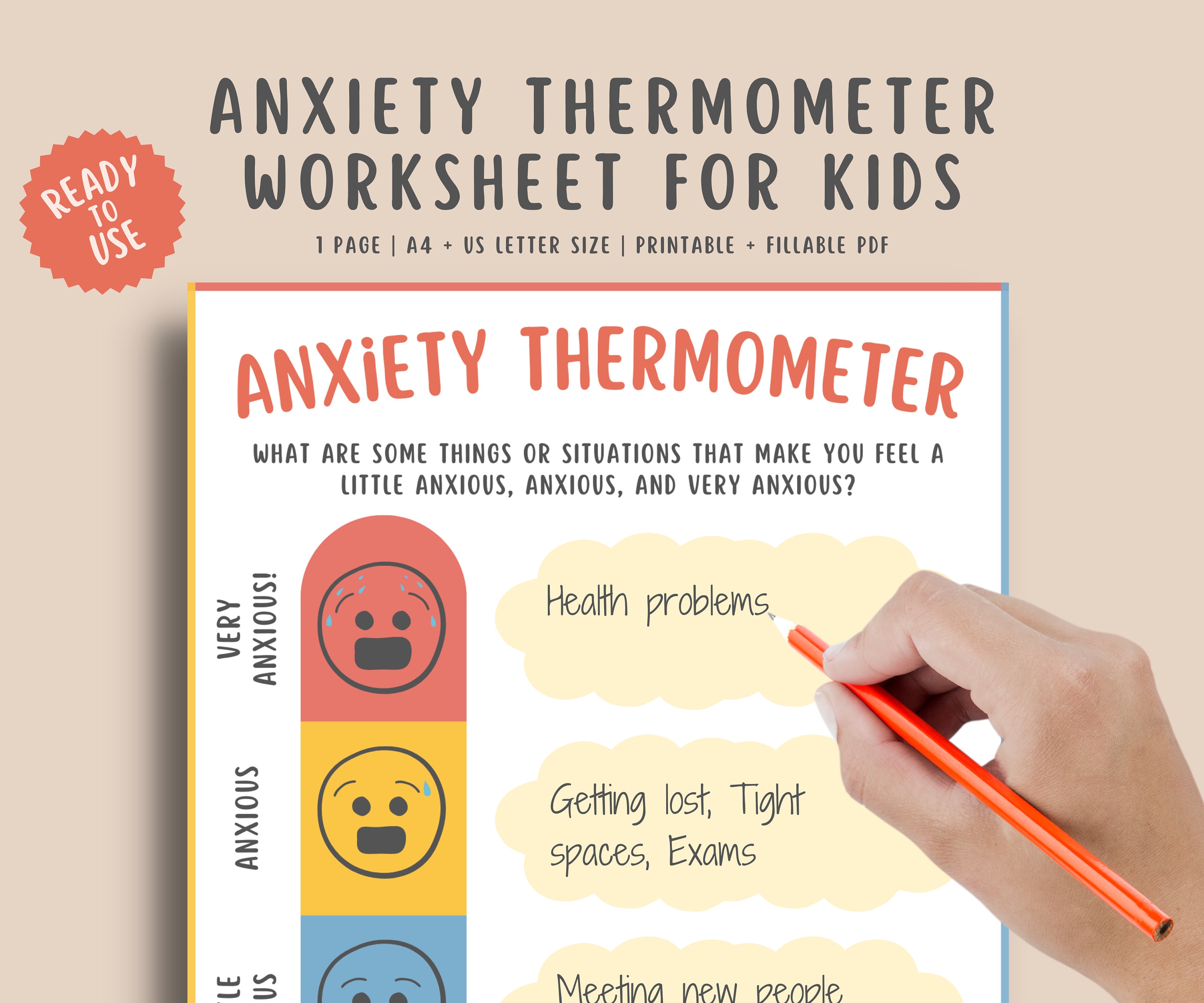 Anxiety Thermometer Worksheet for Kids and Teens, Help Children With ...
