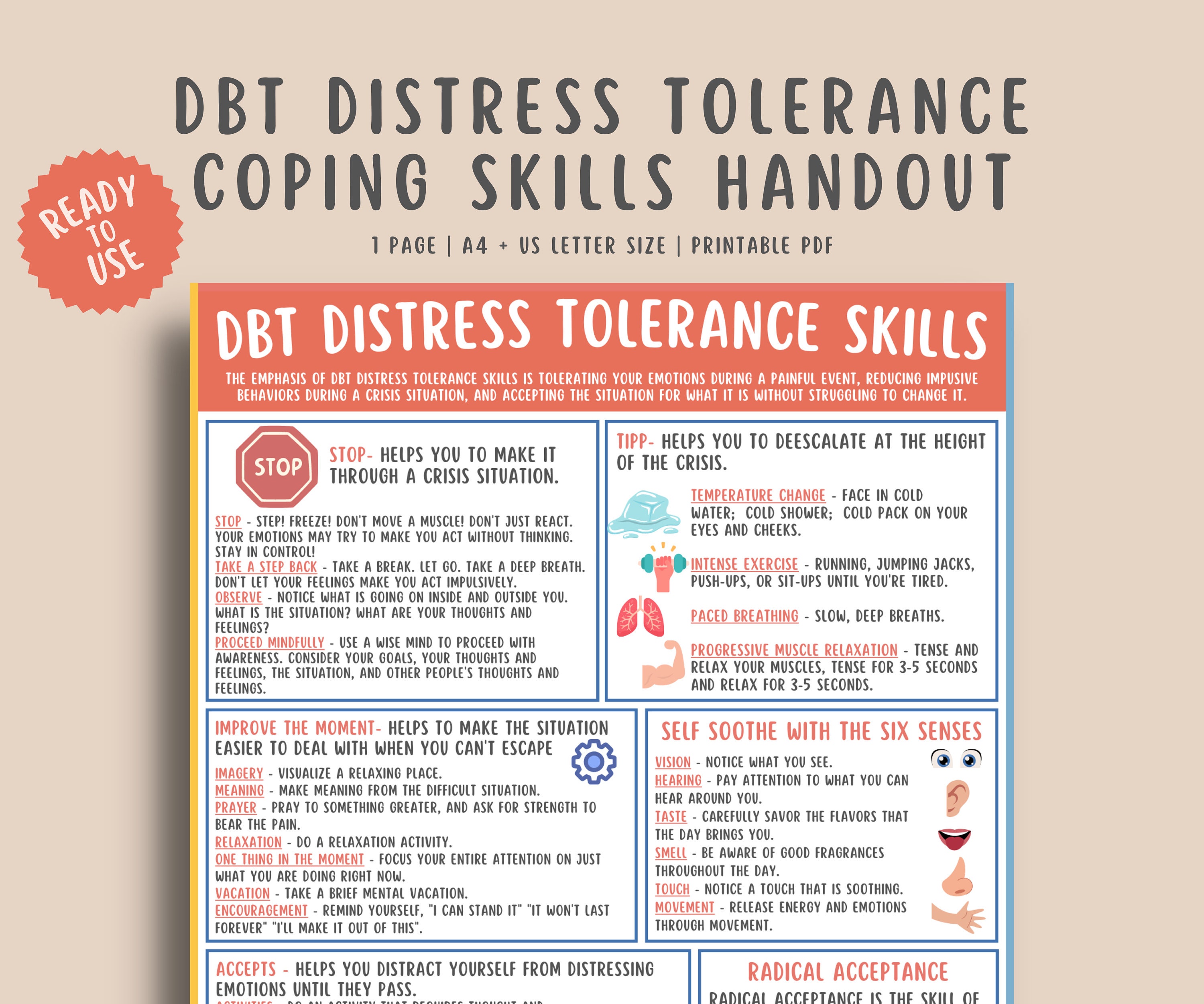 DBT Distress Tolerance Coping Skills Handout Teens Kids Adults ...