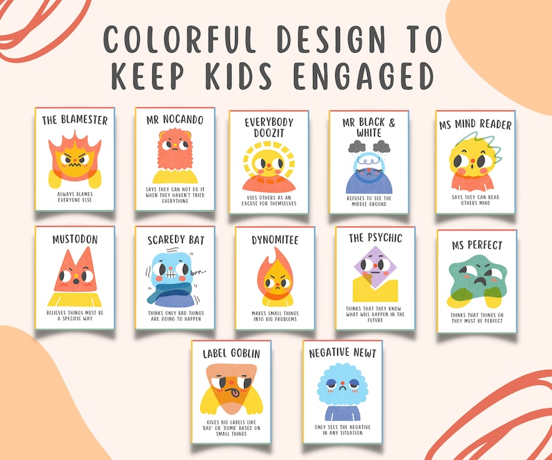 12 Thought Monsters Flashcard for Kids Teens, Thinking Traps Children ...