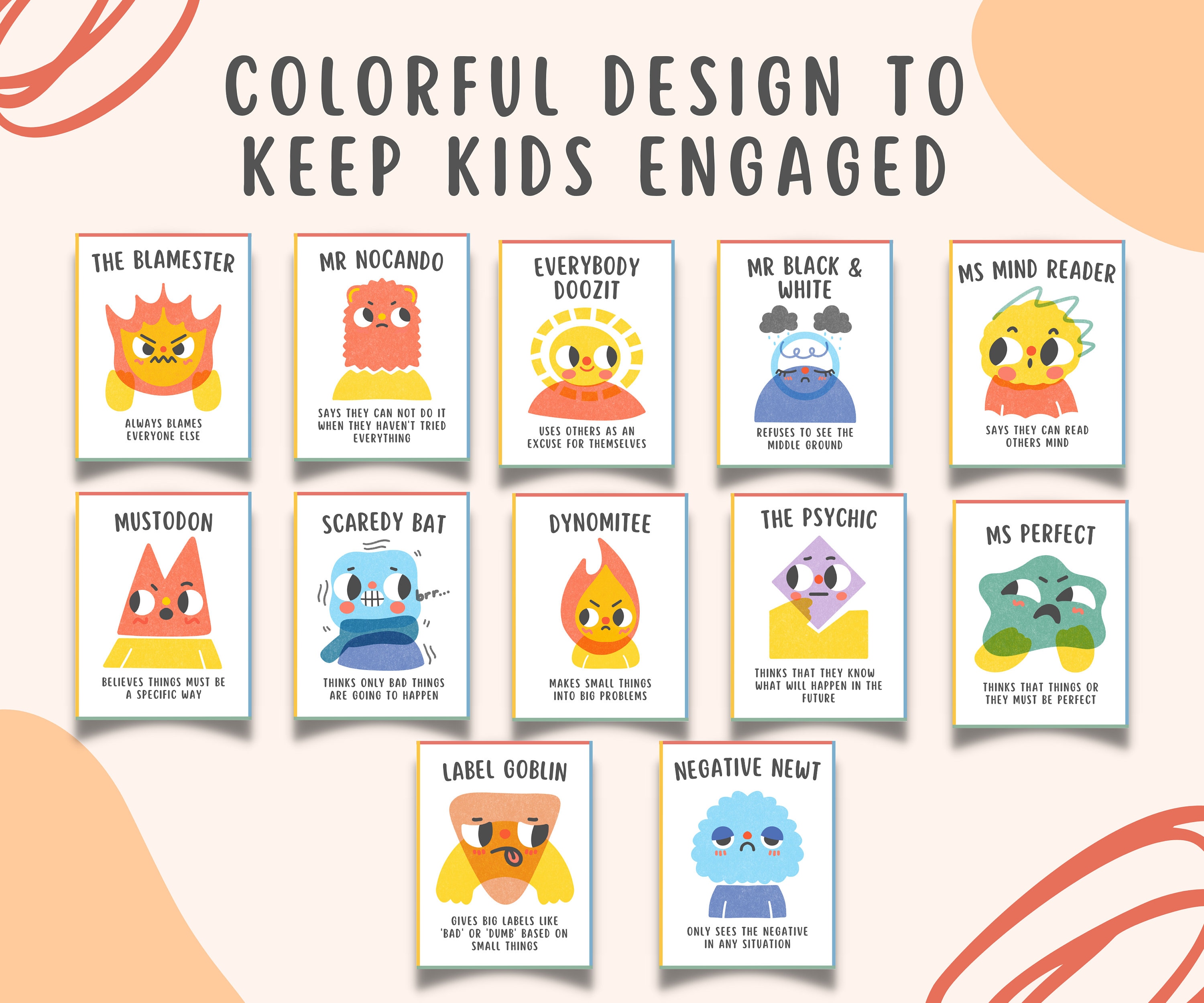 12 Thought Monsters Flashcard for Kids Teens, Thinking Traps Children ...