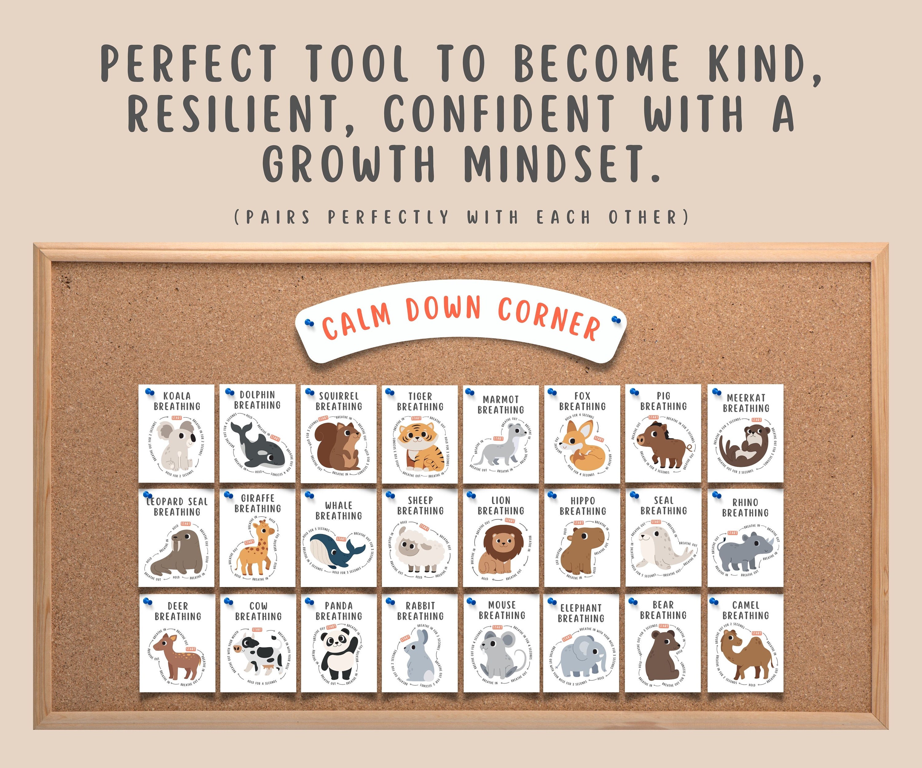 24 Mindful Animal Breathing Cards, Anxiety Coping Calming Corner Tools ...