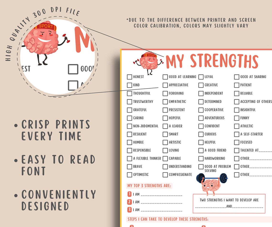 My Strengths Worksheet for Kids & Teens, Self Esteem Journal Children ...