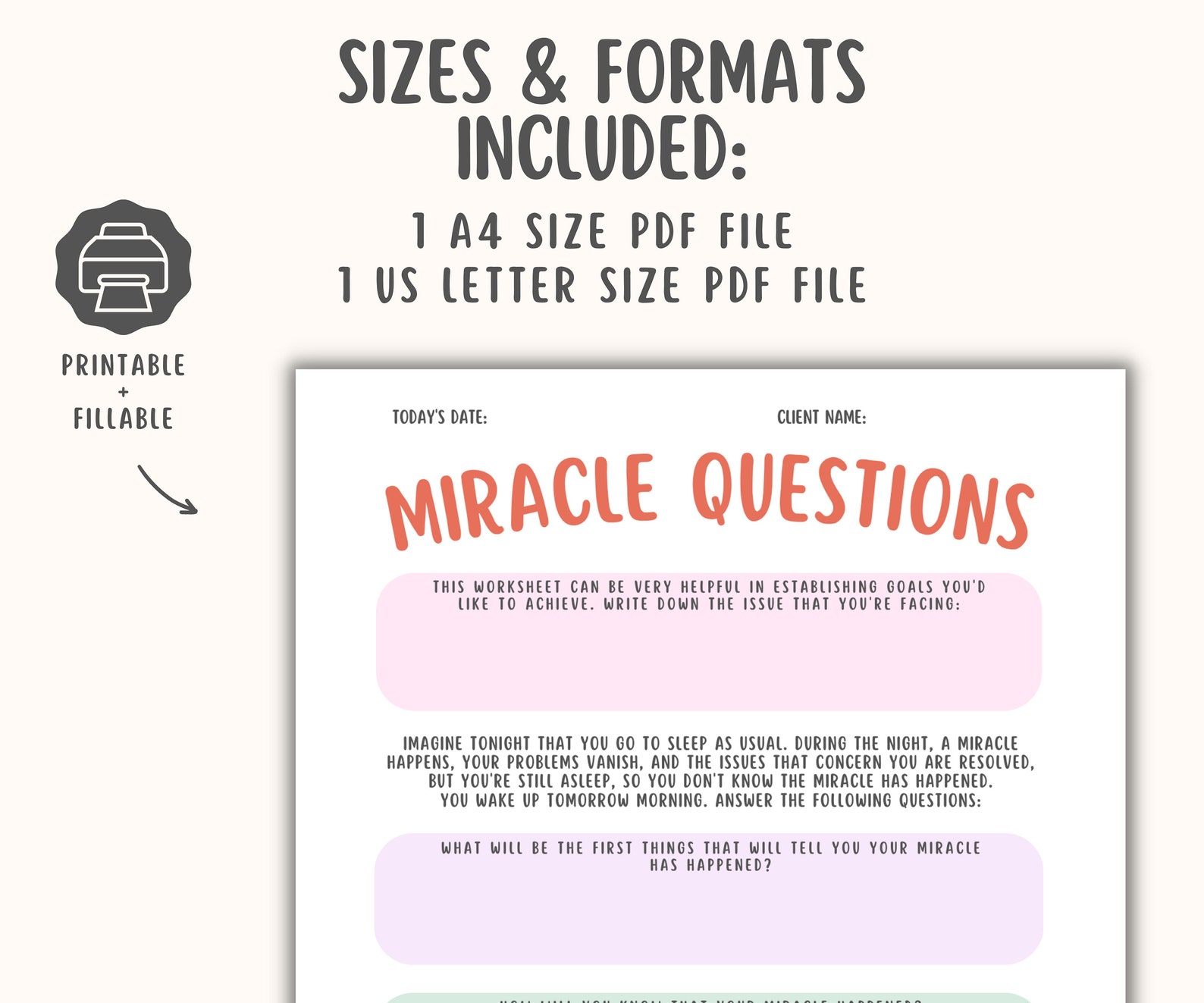 Miracle Questions Worksheet, SFBT Worksheets, Solution Focused Therapy ...