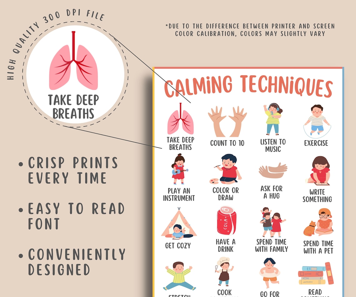 Feelings Chart With Calming Techniques Poster Set for Teens Kids set of ...