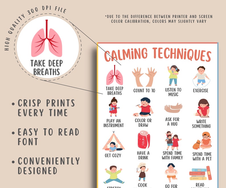Feelings Chart With Calming Techniques Poster Set for Teens Kids set of ...