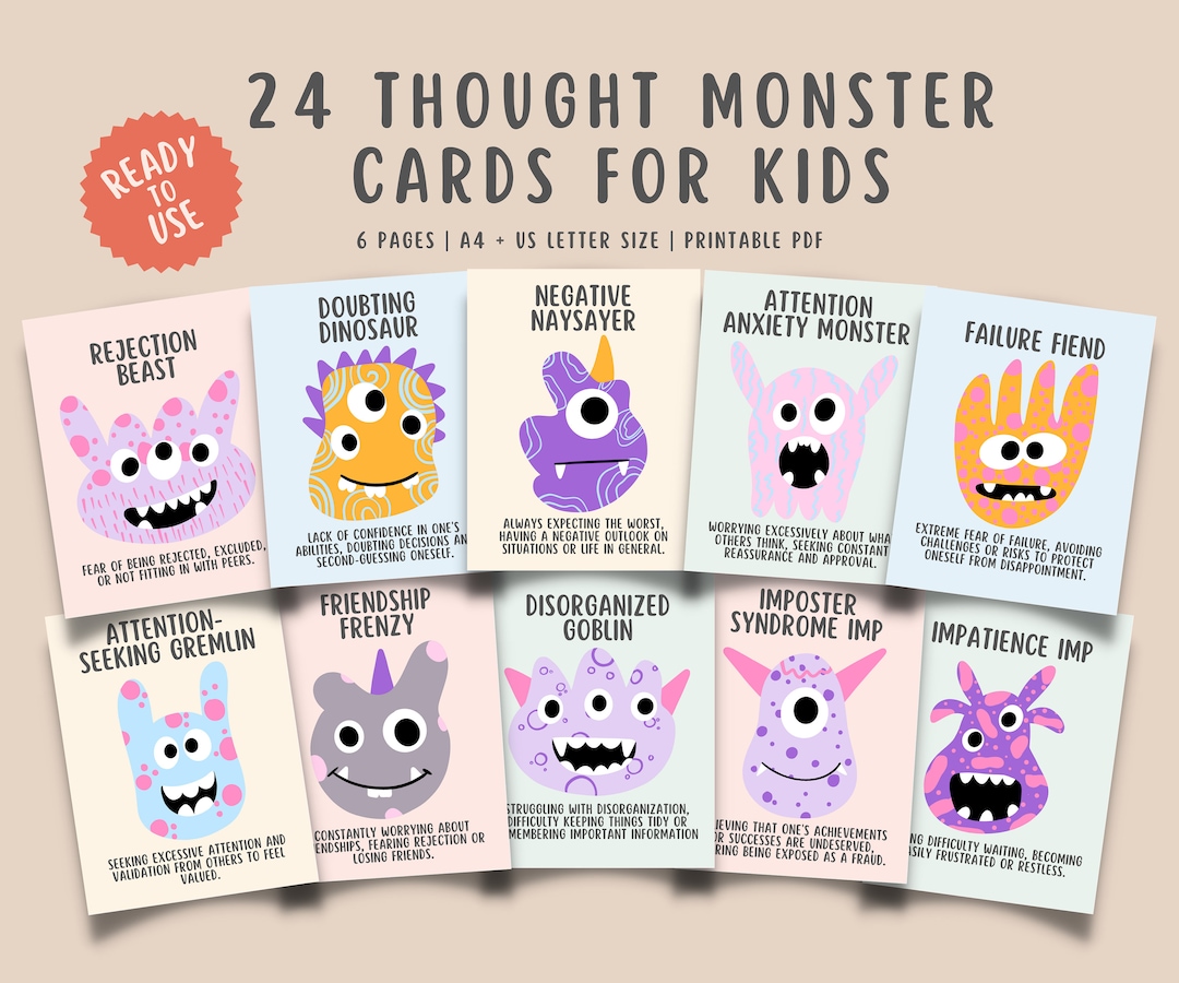 24 Thought Monster Cards for Kids Teens, Unhelpful Ways of Thinking ...