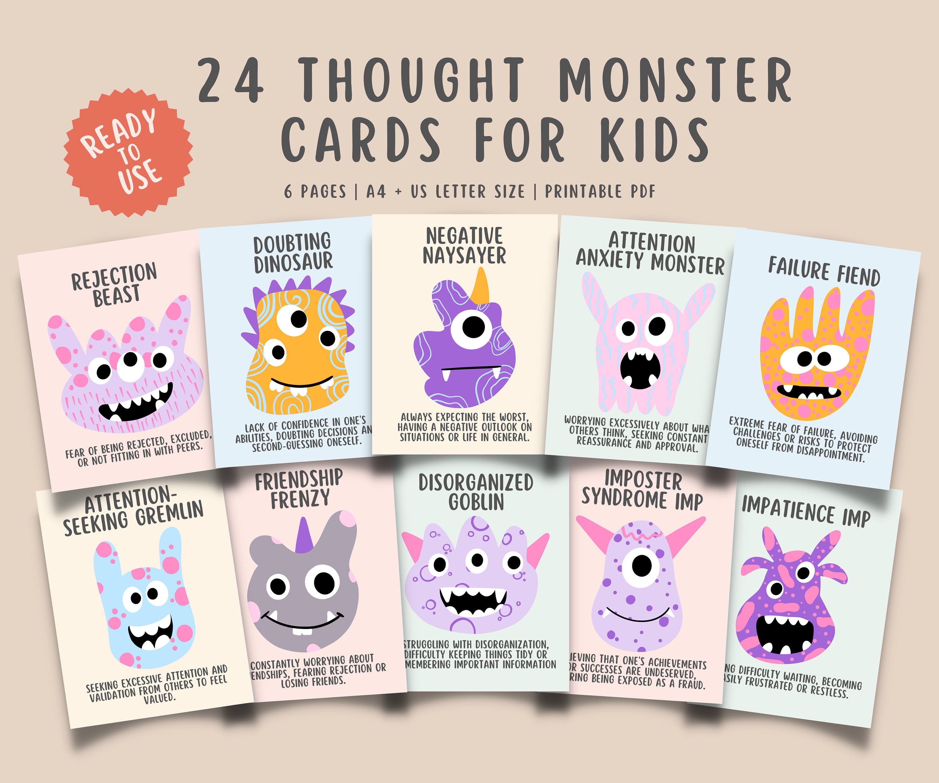 24 Thought Monster Cards for Kids Teens, Unhelpful Ways of Thinking ...