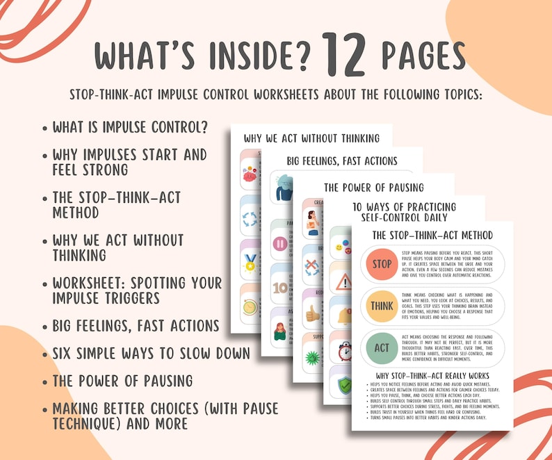 Stop Think Act Impulse Control Worksheets, Self Control Skills, CBT ...