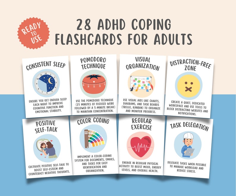 28 ADHD Coping Skills Flashcards for Adults, Attention Deficit Hyper ...