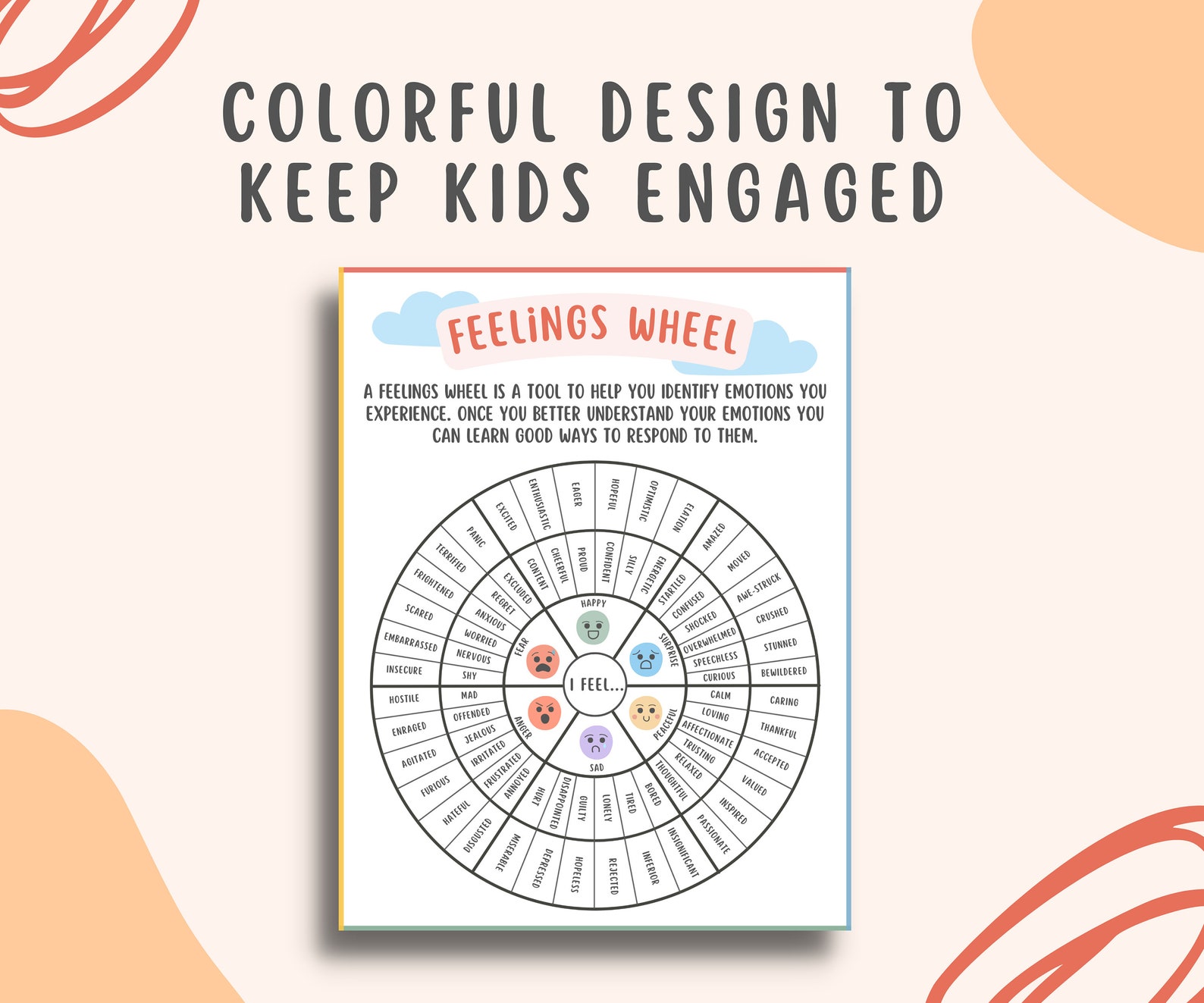 Coloring Feelings Wheel Printable for Kids & Teens, Emotions Wheel ...